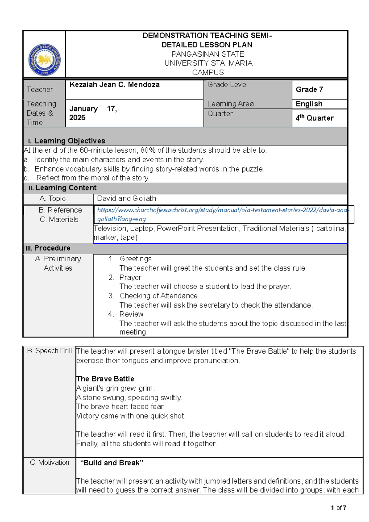 LESSON PLAN IN READING COMPREHENSION - DEMONSTRATION TEACHING SEMI ...
