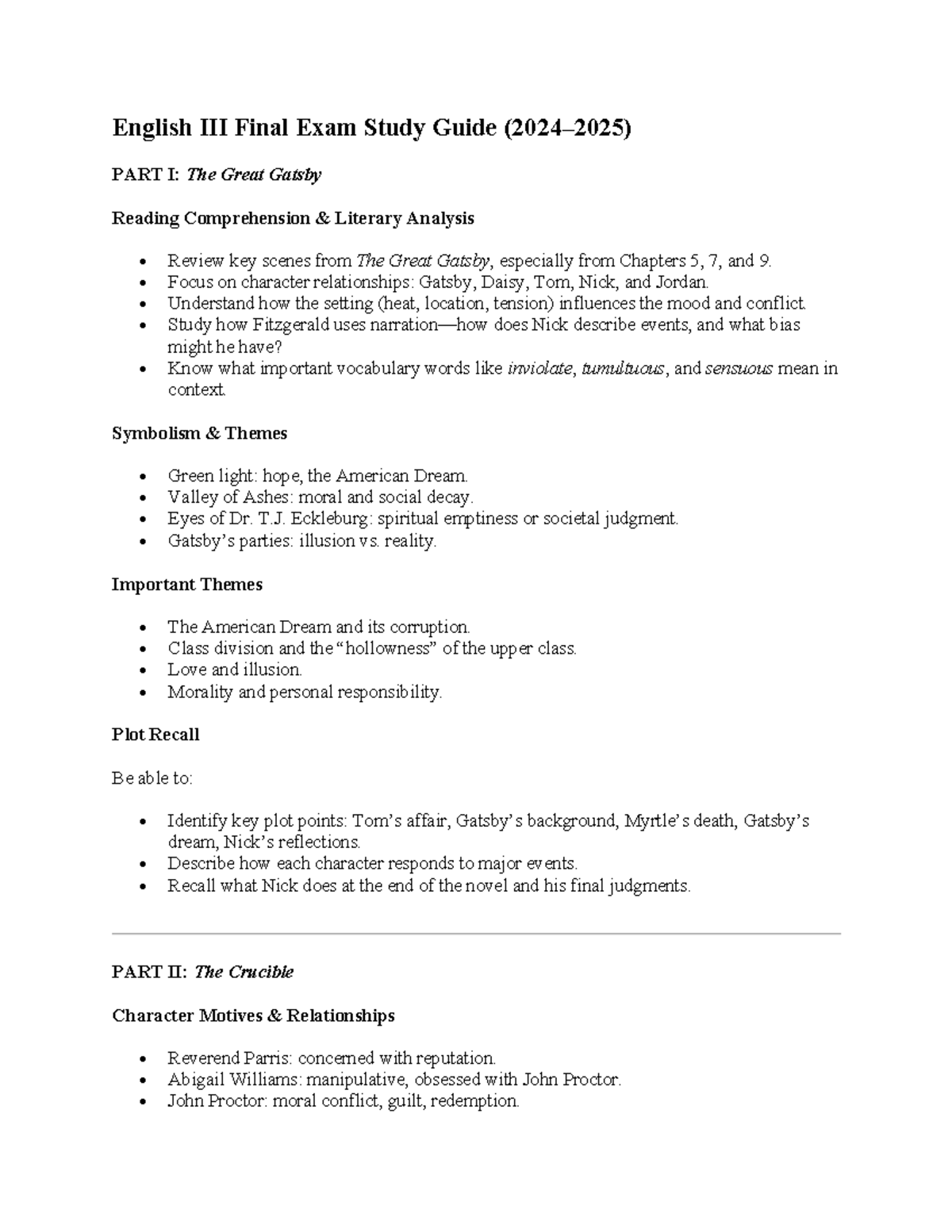 English III Final Exam Study Guide (2024–2025): Key Themes & Analysis - Studocu