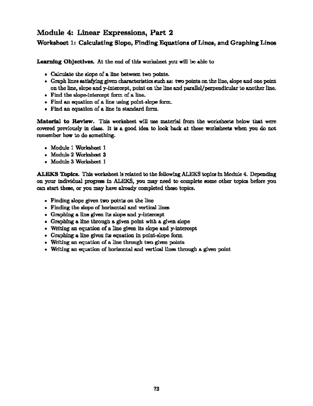 Math1005 Module 4: Linear Expressions Worksheet 1 - Slope & Equations ...