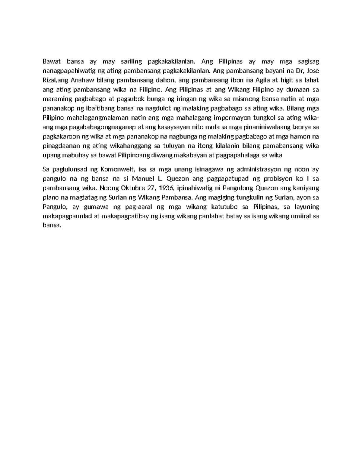Pambansang Wika at Pagkakakilanlan ng Pilipinas: Act 1 Filipino Essay ...