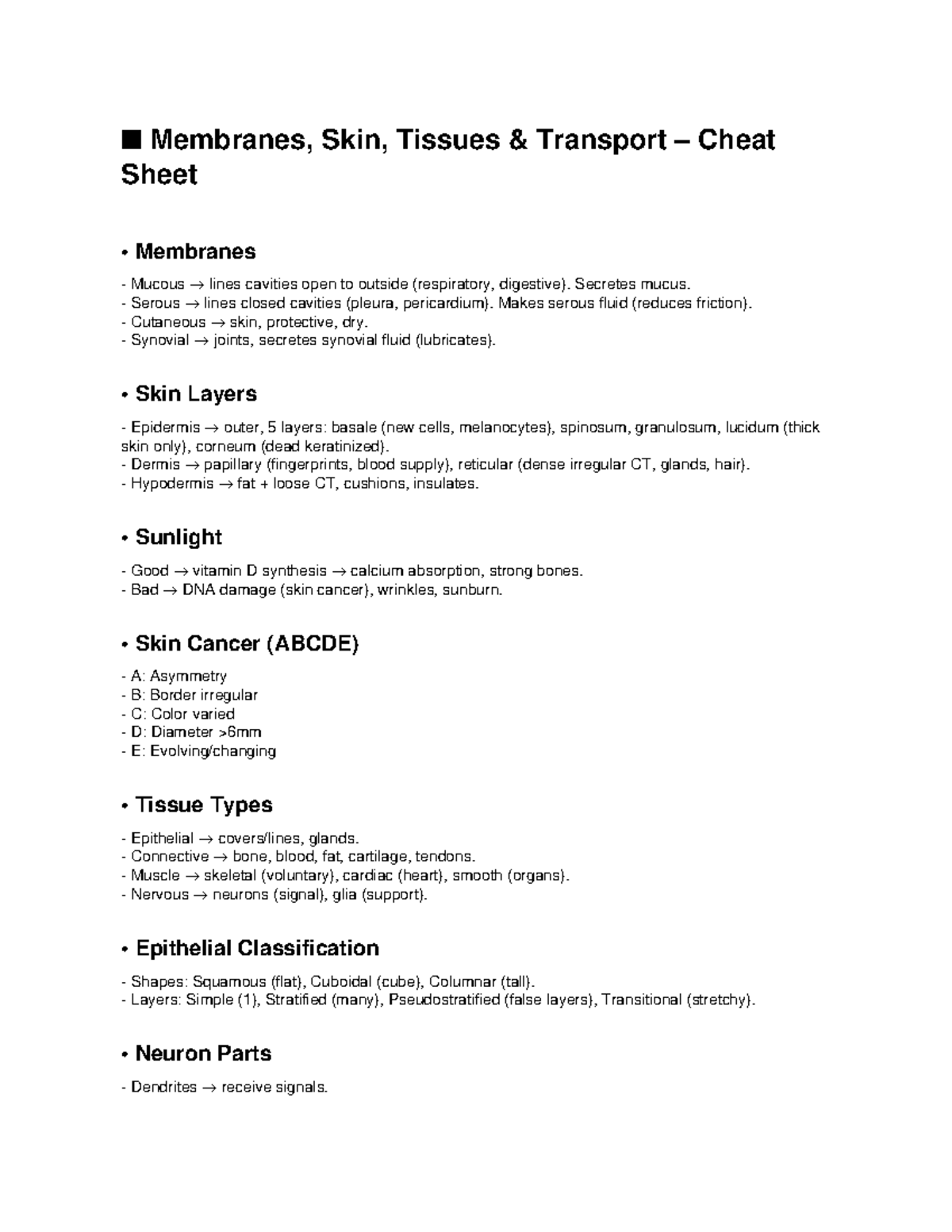 Membranes, Tissues & Transport: Anatomy Cheat Sheet (ANAT 101) - Studocu