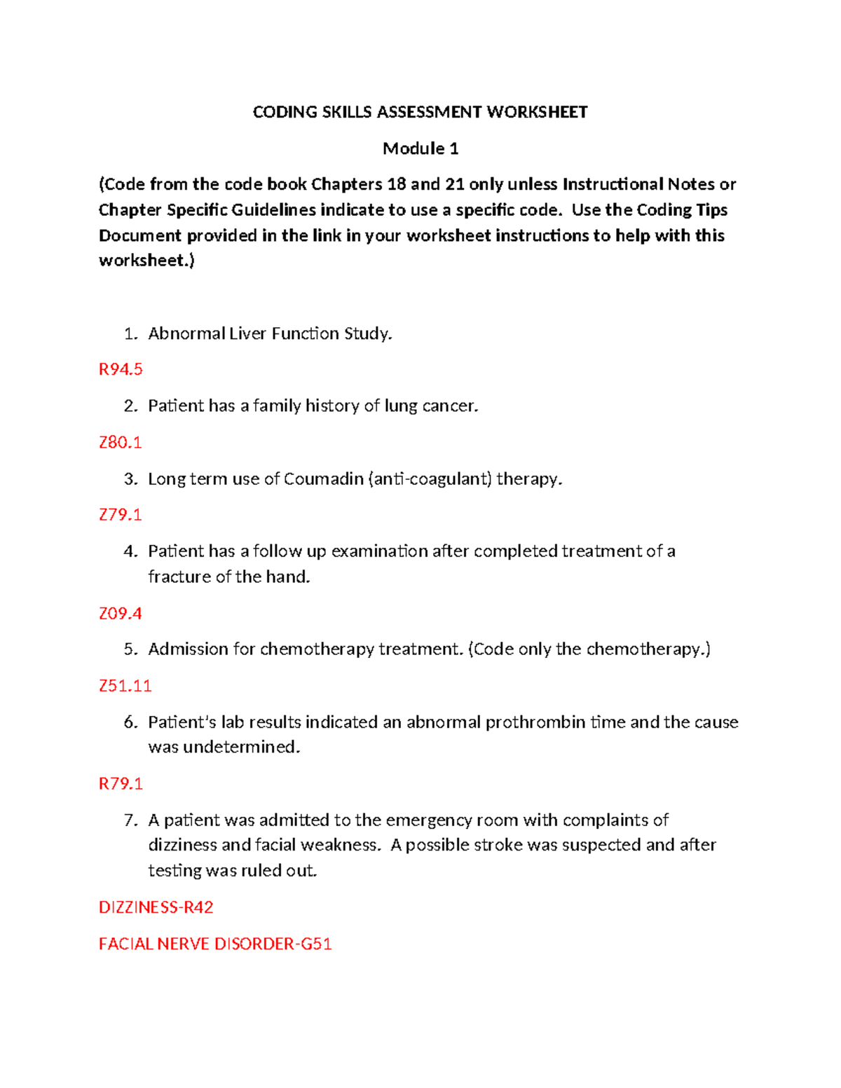 CODING SKILLS ASSESSMENT WORKSHEET MOD01: Key Cases from Chapters 18 ...