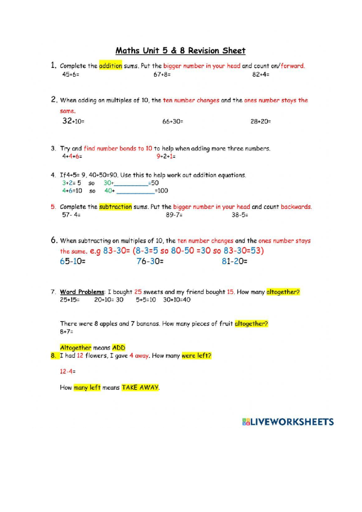 Maths Unit 5 Revision Worksheet 2236501 - Addition & Subtraction - Studocu