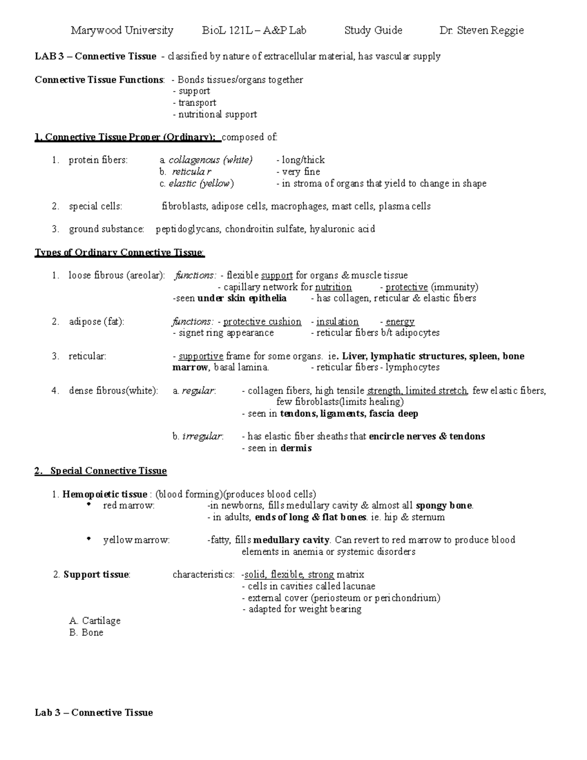 BioL 121L Lab Study Guide: Connective Tissue & Integumentary System ...