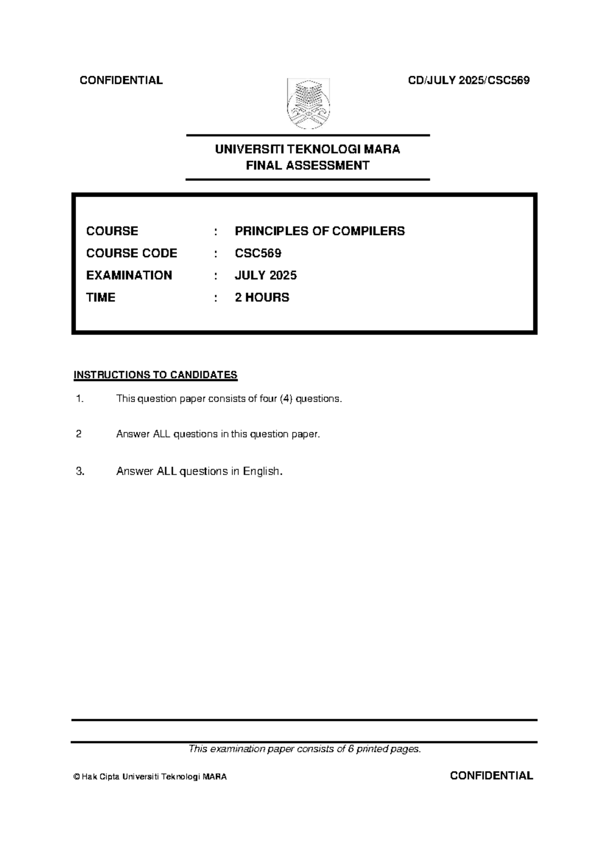 Final Assessment CSC569: Principles of Compilers Exam July 2025 - Studocu