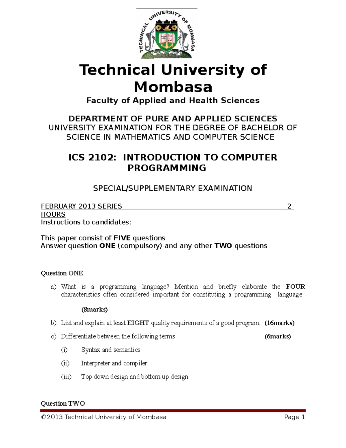 ICS 2102 Introduction to computer programming - Technical University of ...