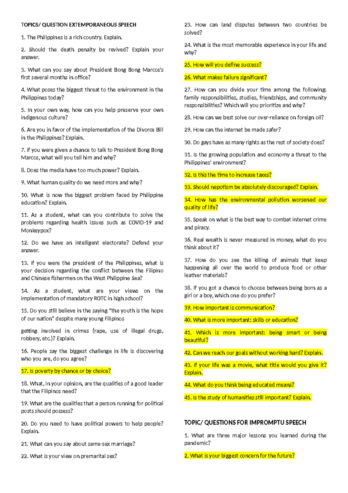 Impromptu & Extemporaneous Speech Topics: Major Questions for Discussion - Studocu