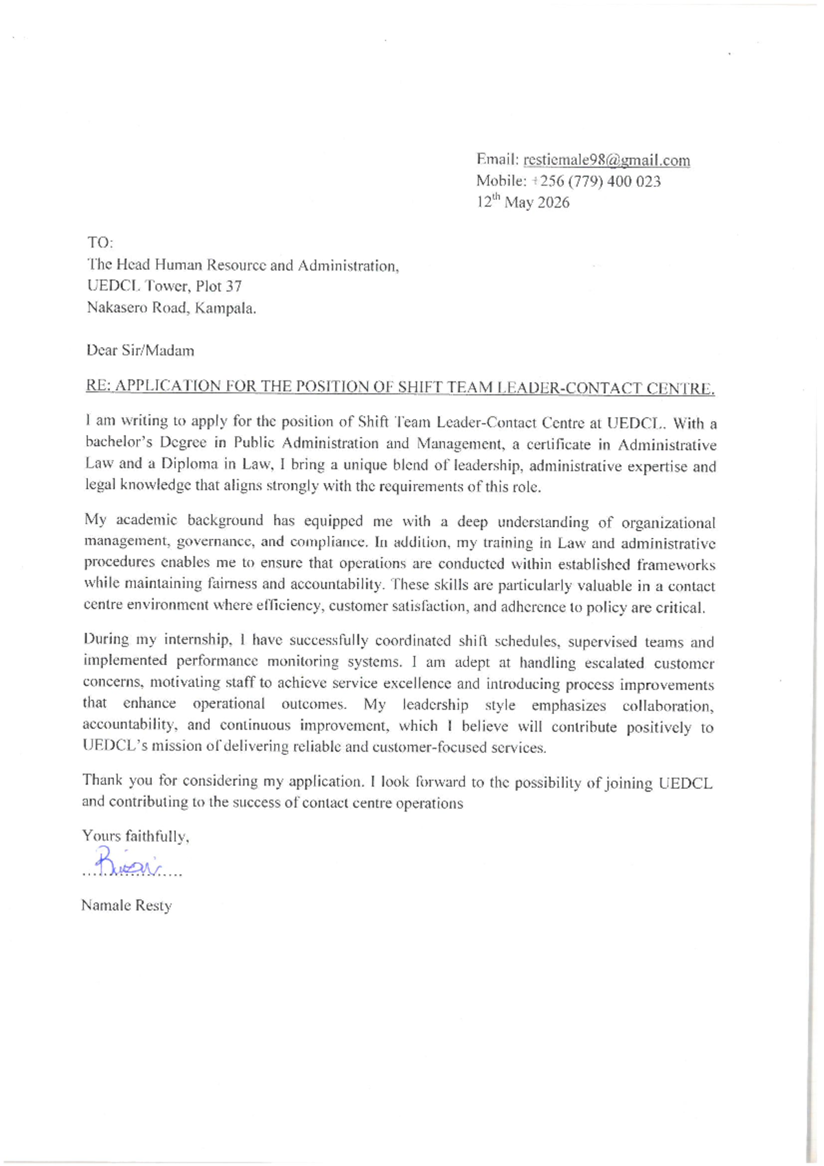 Cover Letter for Shift Team Centre Position at UEDCL - Studocu