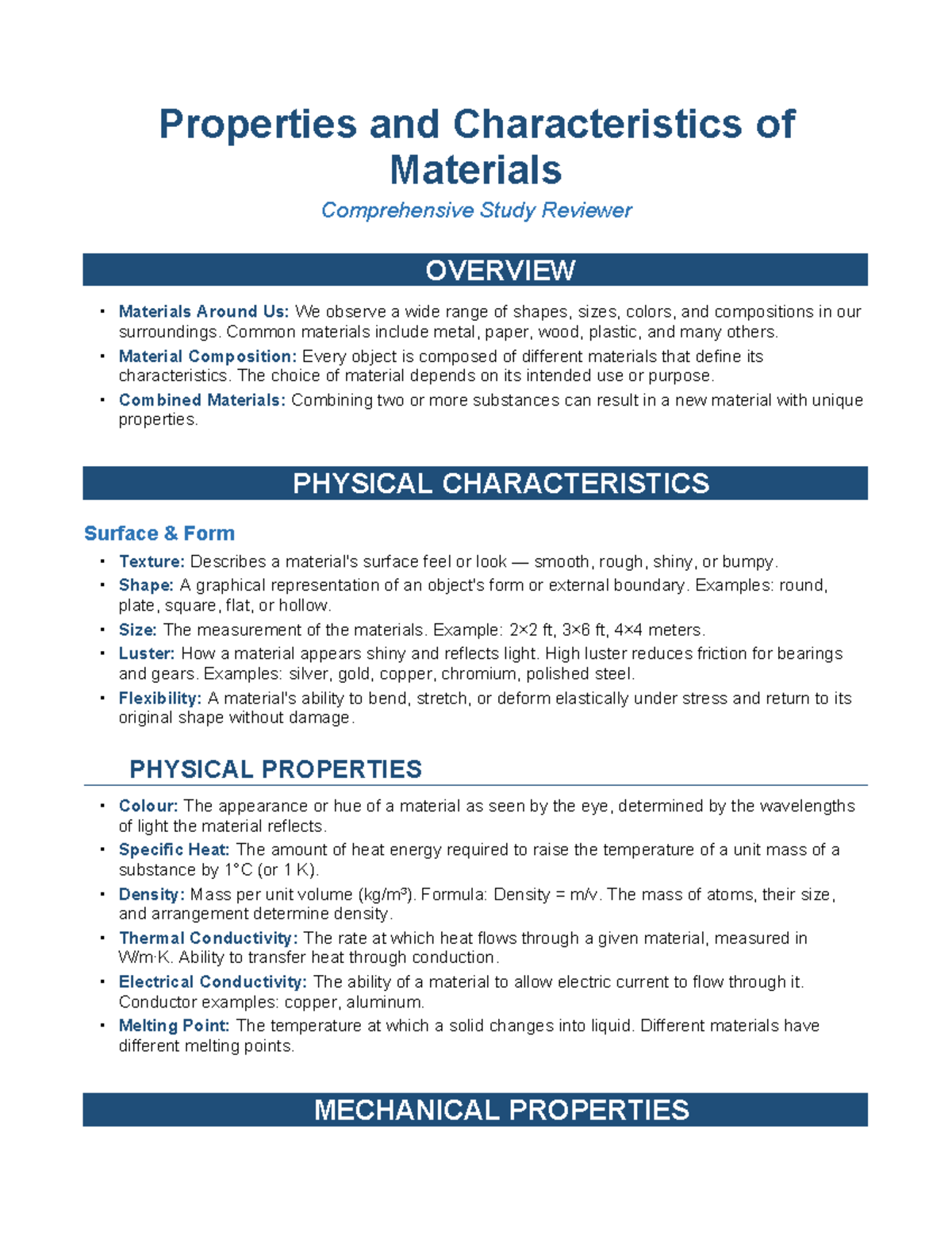 Properties and Characteristics of Materials: Comprehensive Study Guide ...