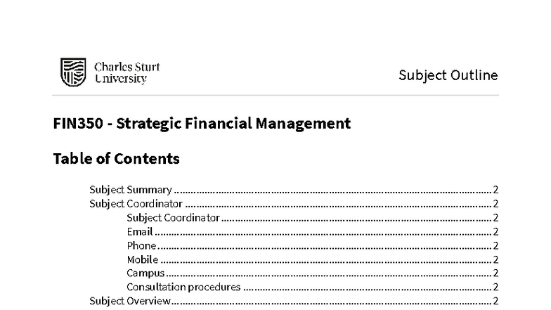 FIN350 Subject Summary: Strategic Financial Management Overview for ...