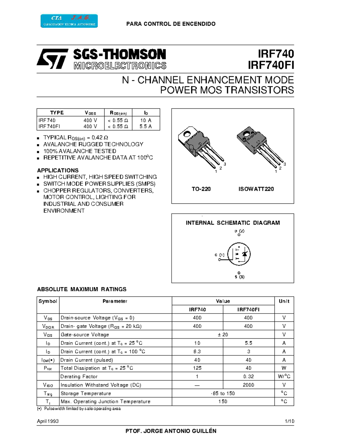 Control de Encendido: IRF740 N-Channel MOSFET Specifications - Studocu