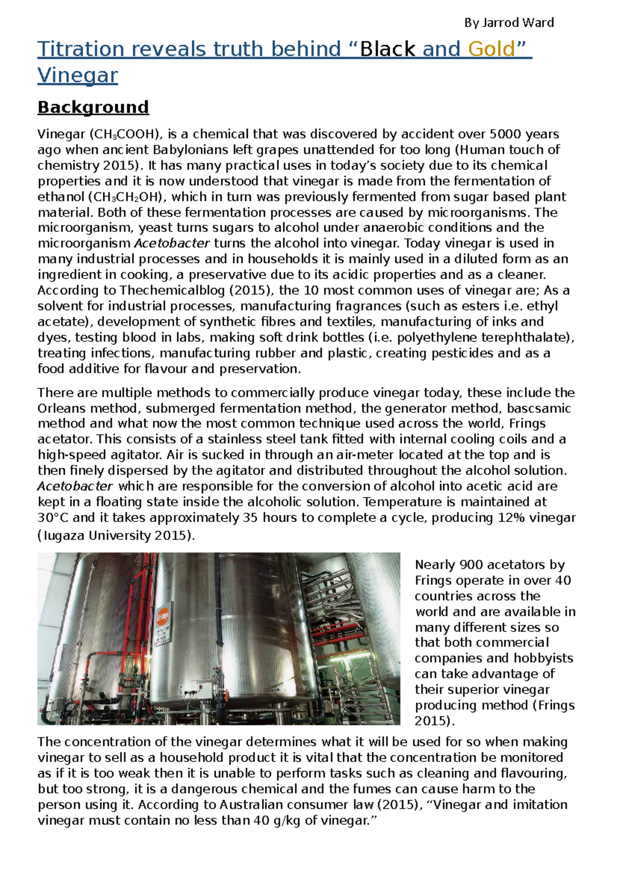 VCE Chemistry 3/4 Titration of Black and Gold Vinegar Analysis - Studocu