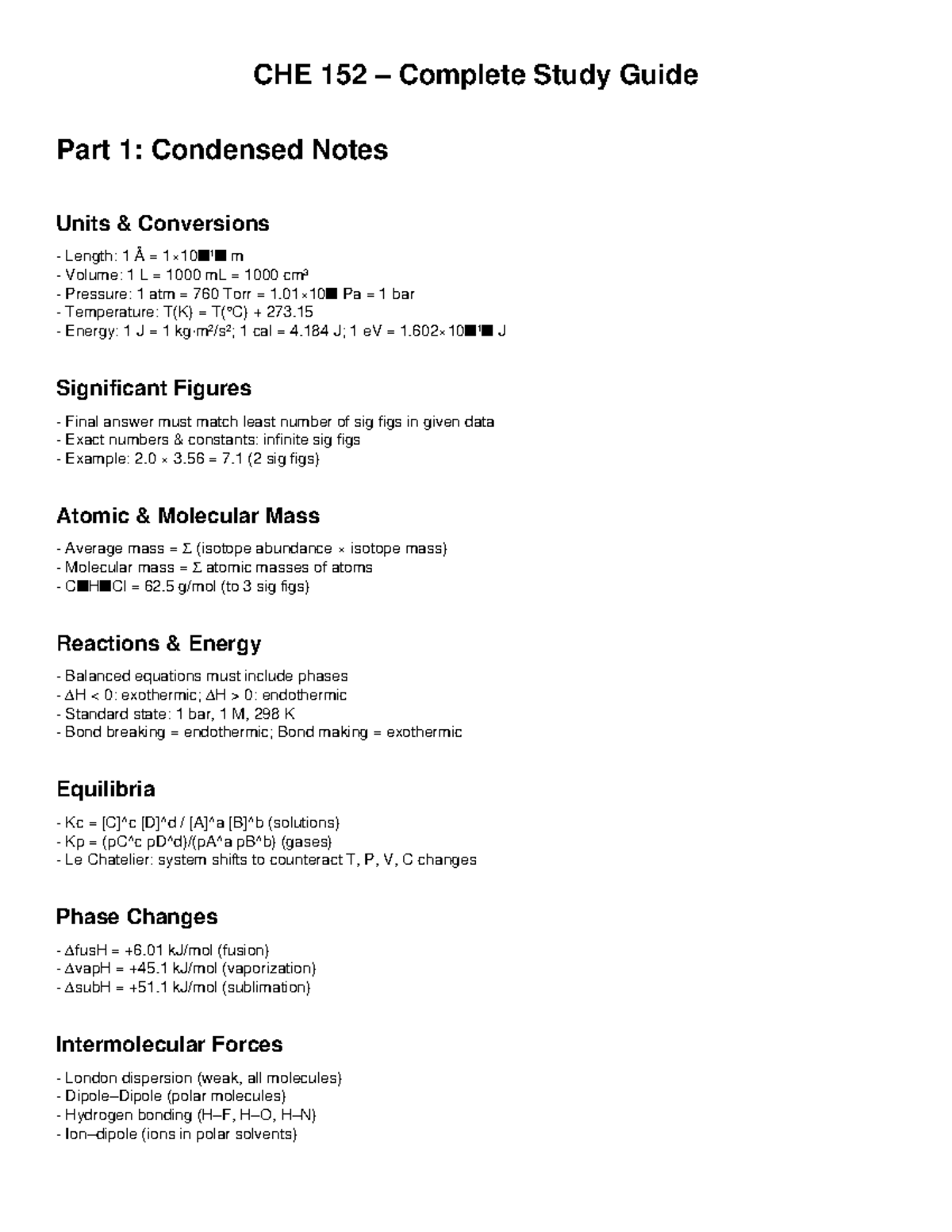 CHE 152 Complete Study Guide: Units, Conversions & Key Concepts - Studocu