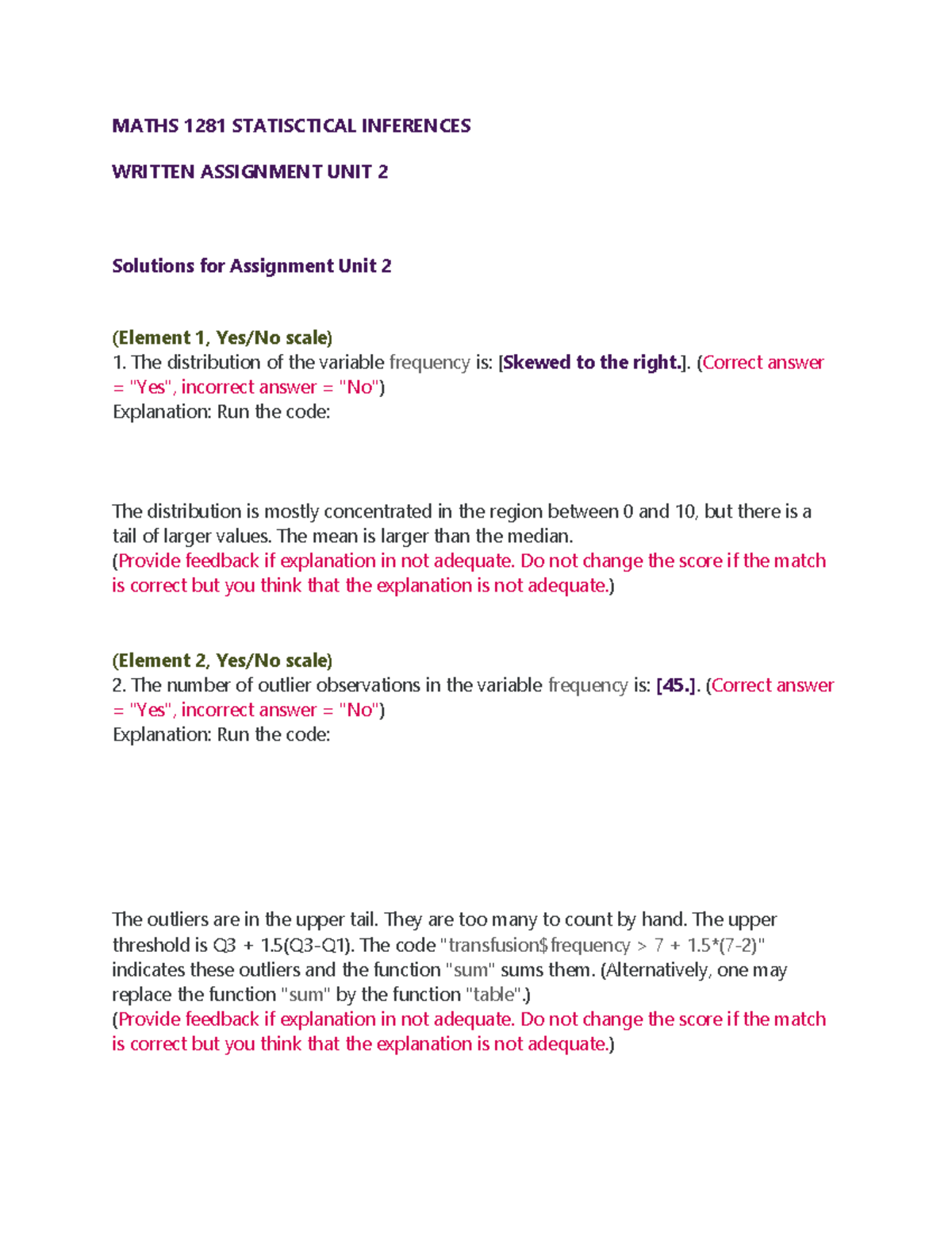 Written Assignment UNIT 2: Statistical Inferences MATHS 1281 - Studocu