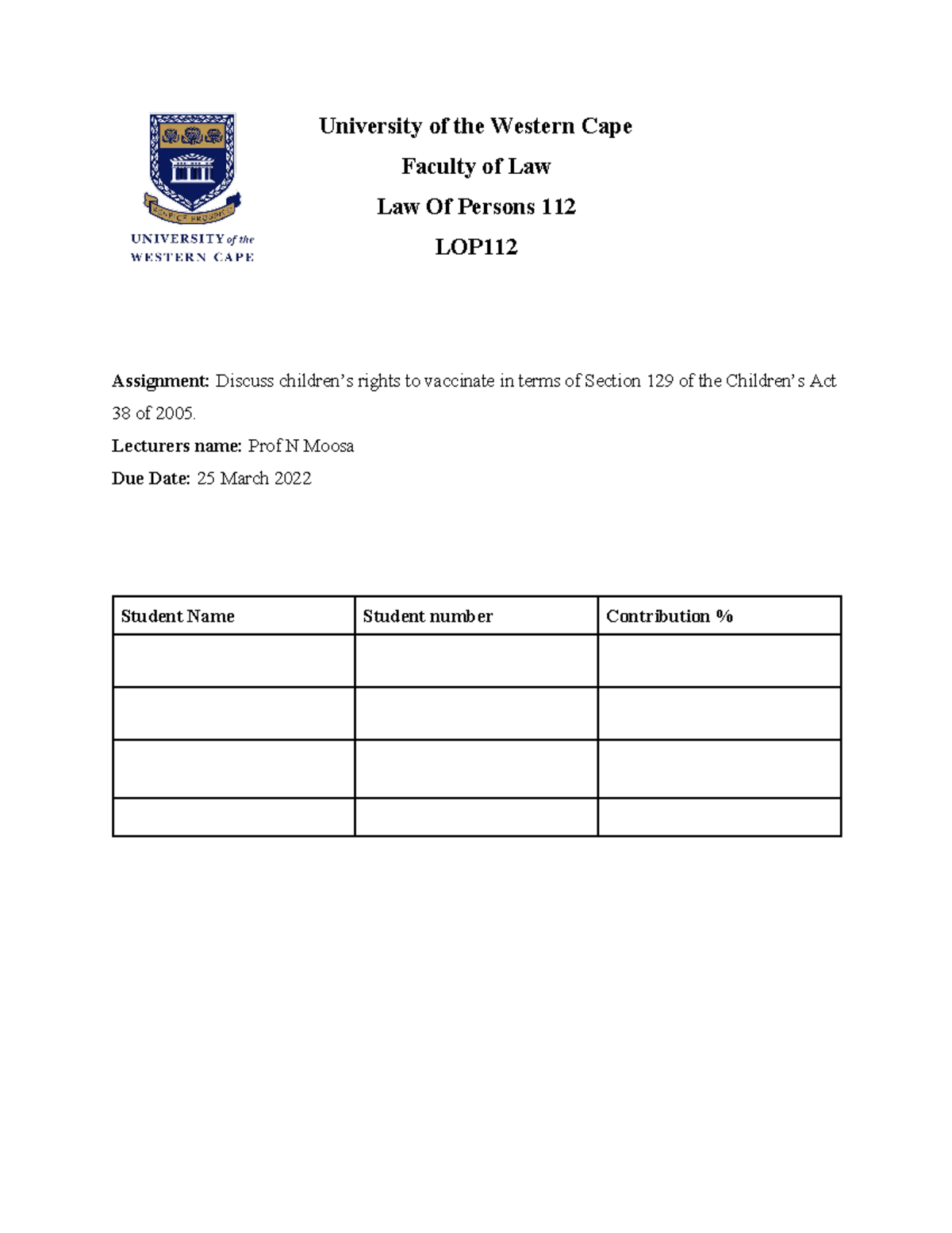 LOP112 Group Assignment - University of the Western Cape Faculty of Law Law Of Persons 112 LOP ...