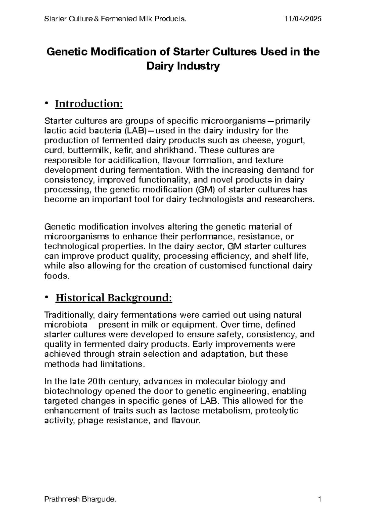 Scfmp Assignment: Genetic Modification of Dairy Starter Cultures - Studocu