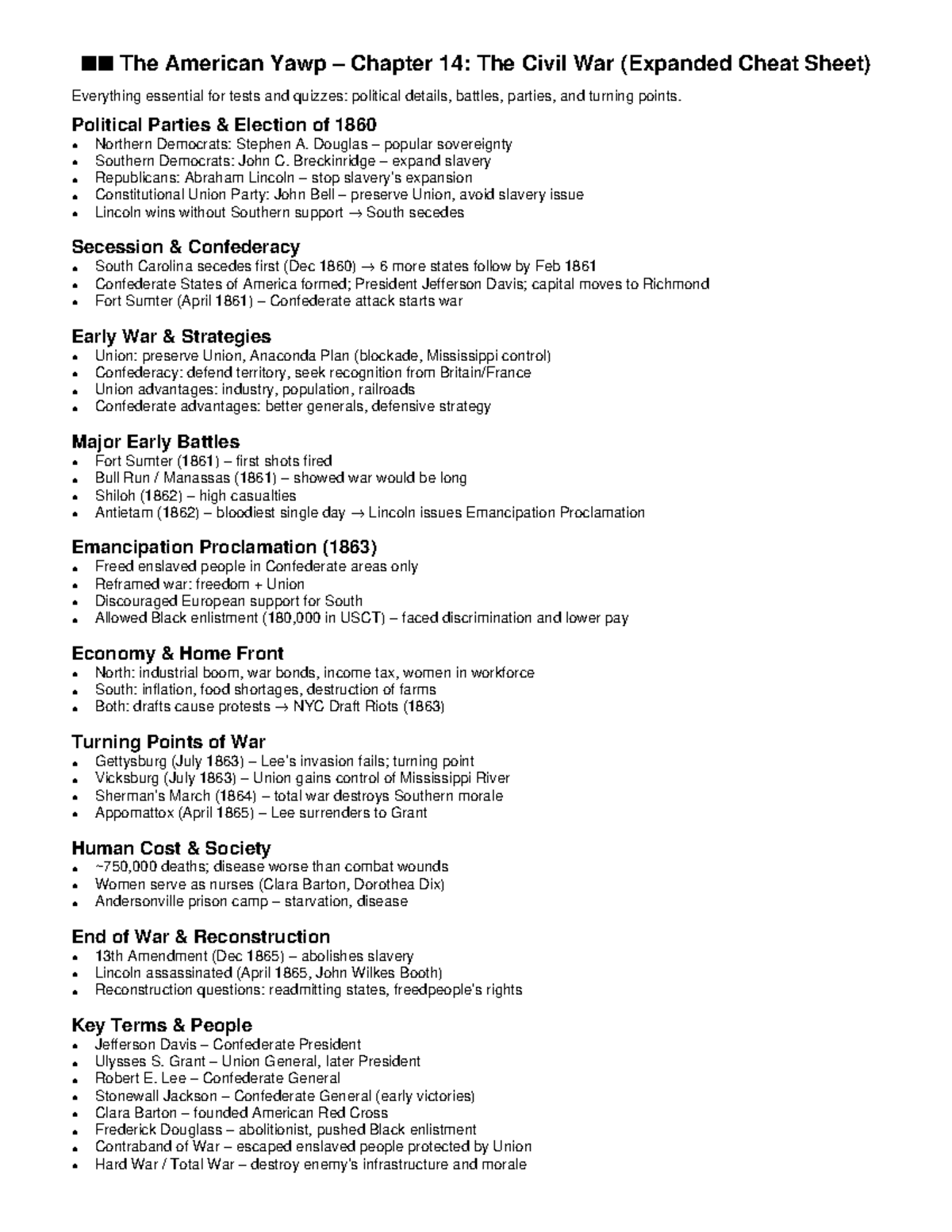 American Yawp CH 14: Civil War Expanded Cheat Sheet - Studocu