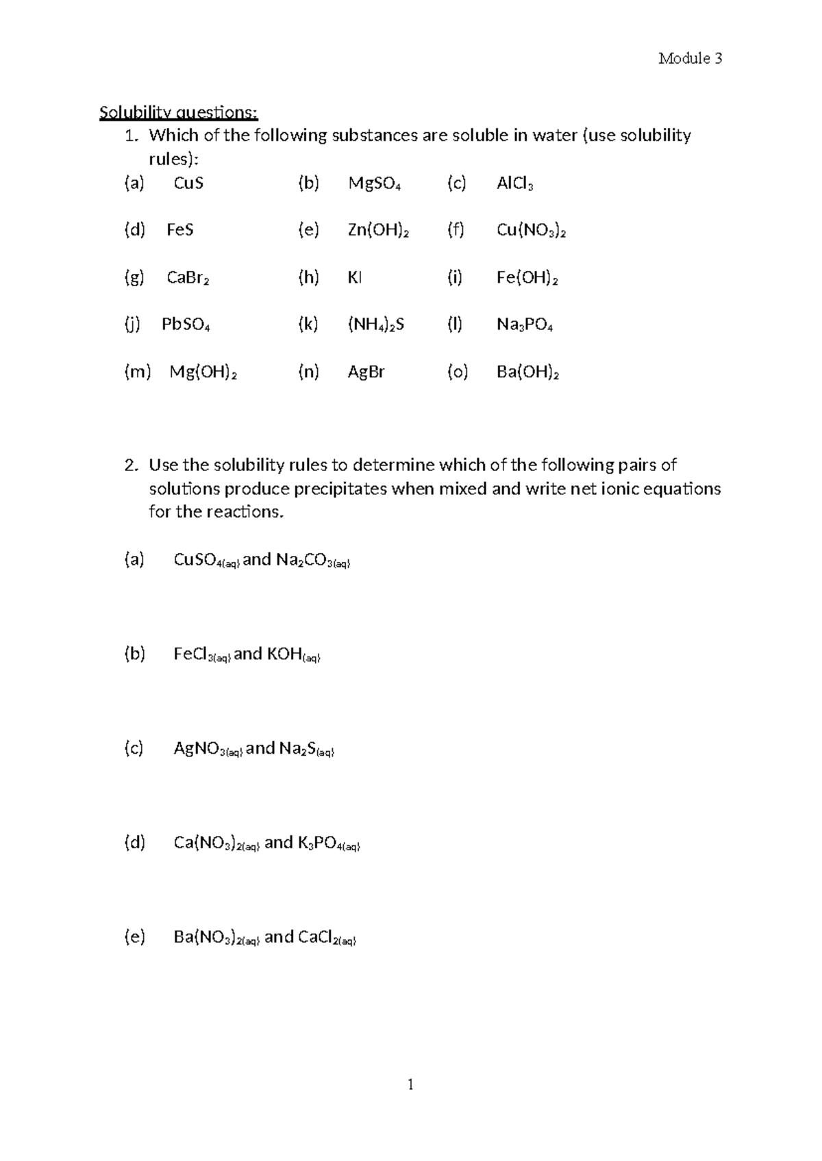 Module 3 Solubility & Reactions Revision Questions - Studocu