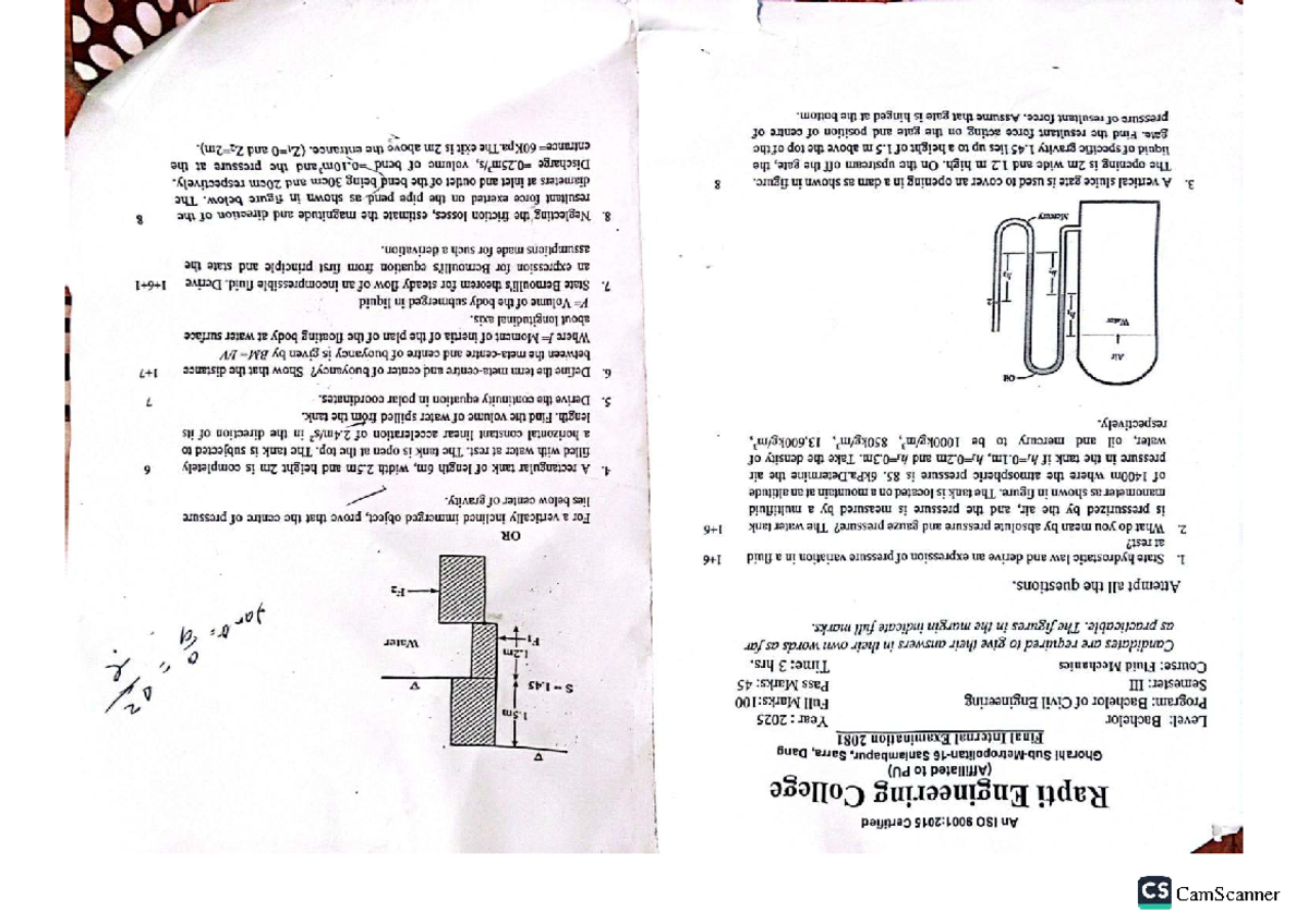 CS 3rd Semester Internal Examination 2081: Fluid Mechanics & Strength ...