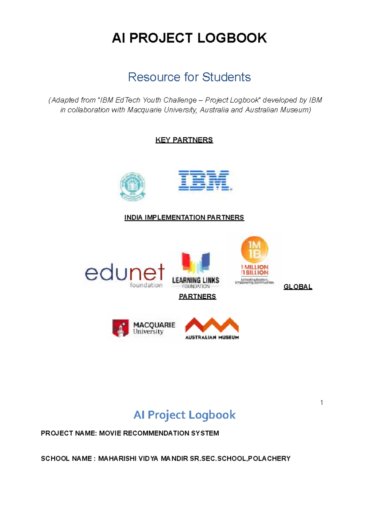 IBM-CBSE AI Project Logbook: Movie Recommendation System - Studocu