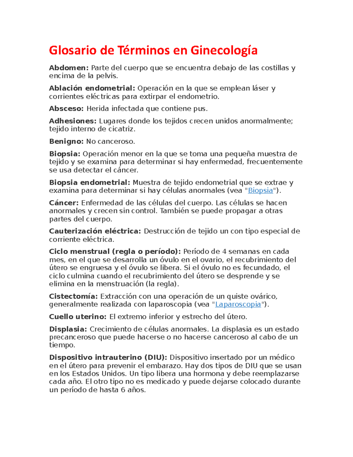 Glosario de Términos Ginecológicos: Definiciones Esenciales - Studocu