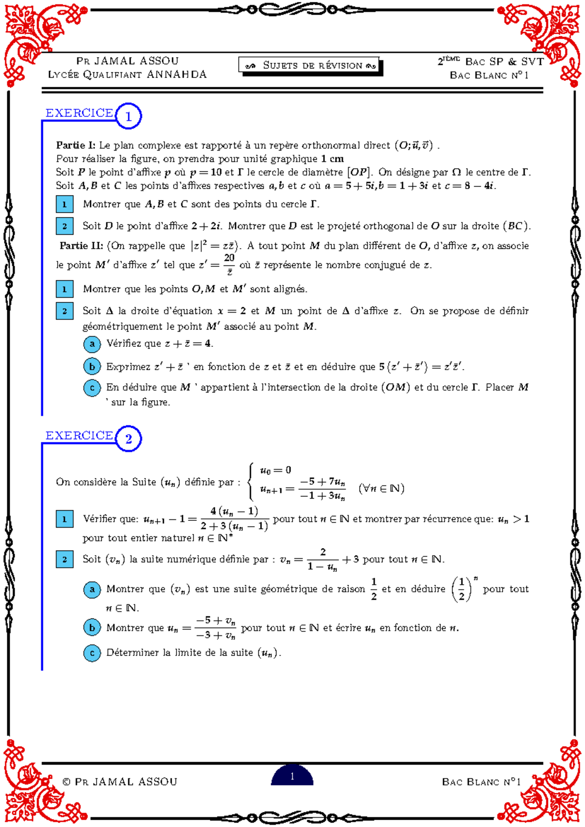 Bac Blanc 2BAC SP SVT : Sujets de Révision et Exercices de Mathématiques - Studocu
