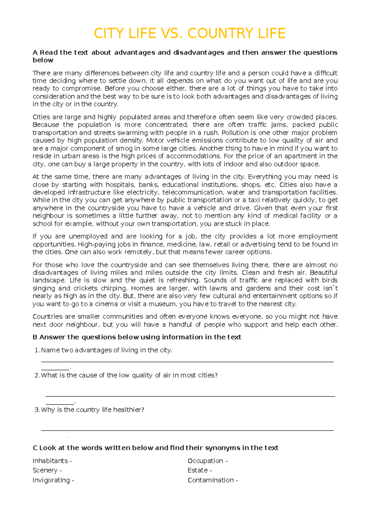 City Life vs. Country Life: Reading Comprehension Exercises 133768 ...