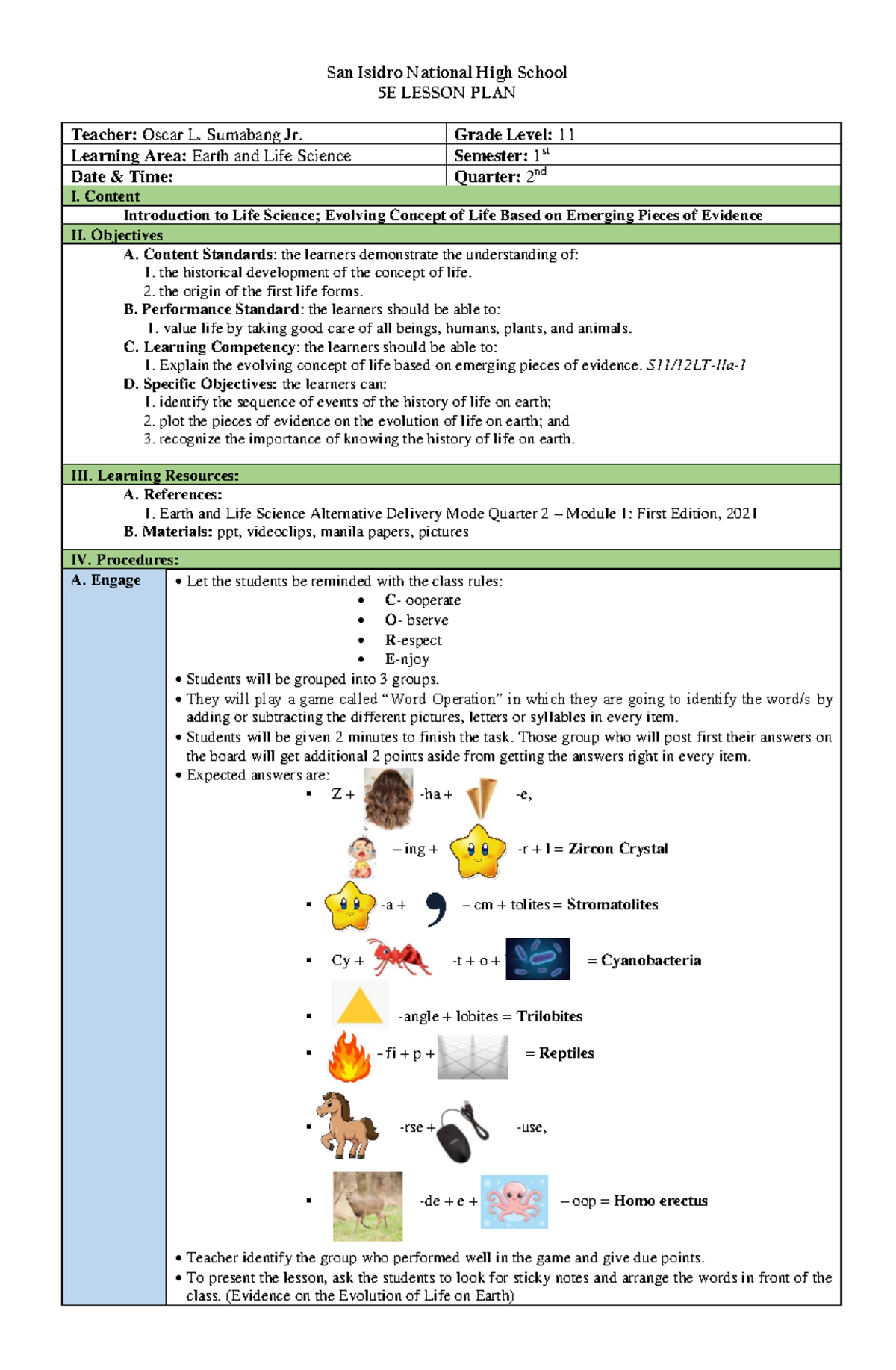 5E Lesson Plan in Earth and Life Science (Grade 11, 1st Quarter) - Studocu