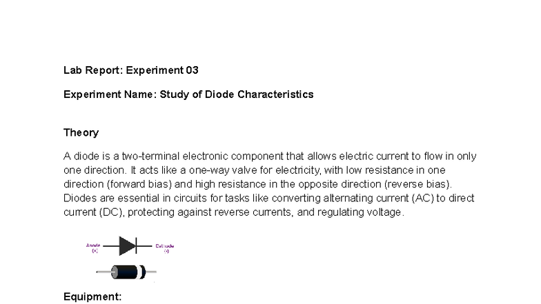 Lab Report: Experiment 03 - Study of Diode Characteristics - Studocu