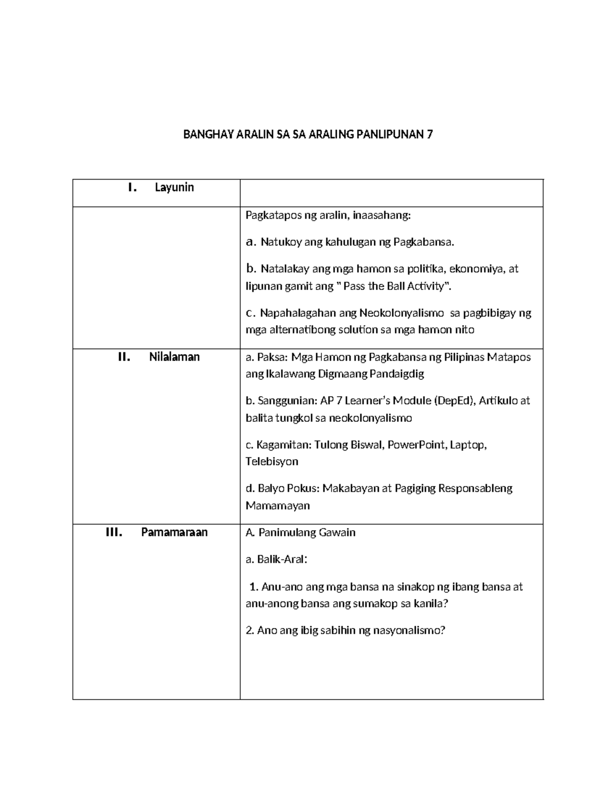 Mga Hamon ng Pagkabansa ng Pilipinas - Lesson Plan - AP7 - Studocu