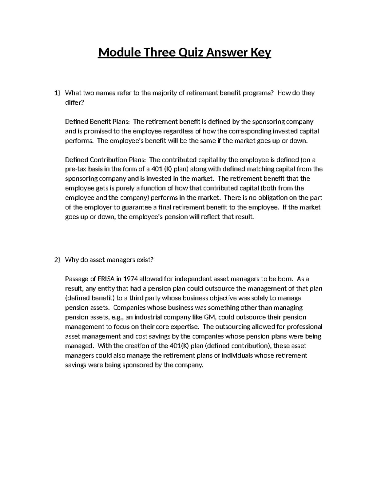 Module 3 Quiz Answer Key: Retirement Benefit Programs Explained - Studocu