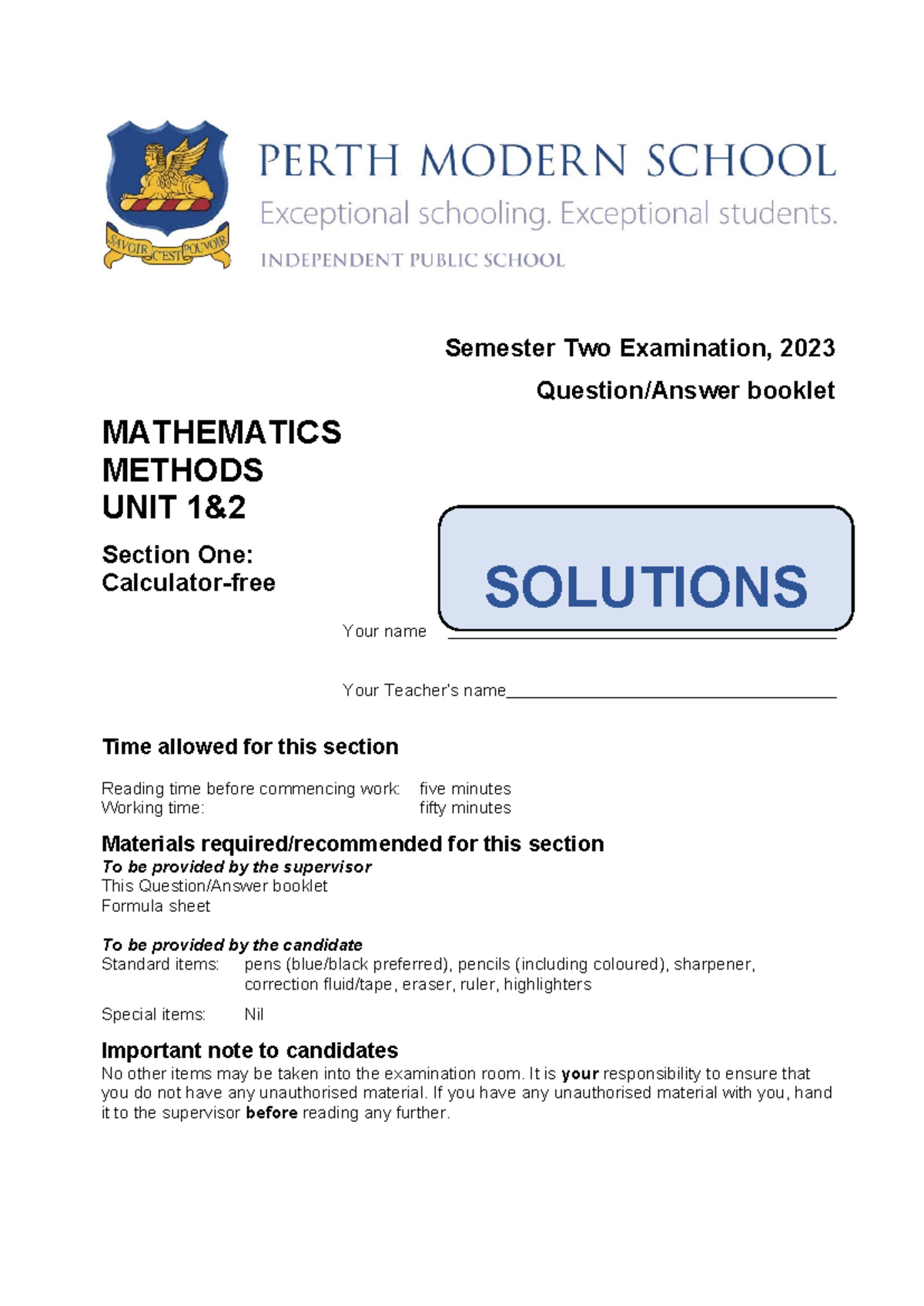 PMS 2023 Yr11 Mathematics Methods U1&2 Sem 2 Exam Solutions - Studocu