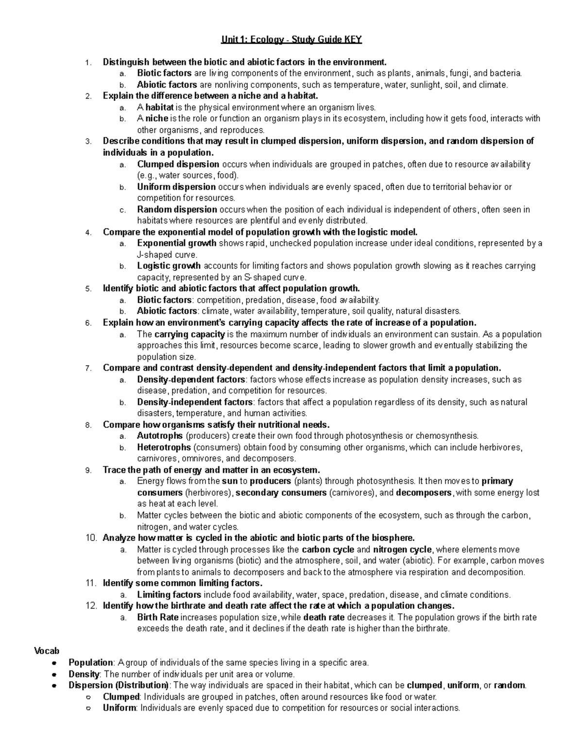 Unit 1: Ecology - Test Review & Study Guide KEY - Studocu