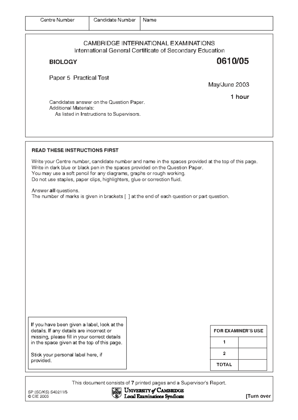 0610/03/2003 IGCSE Biology Paper 5 Practical Test - Studocu