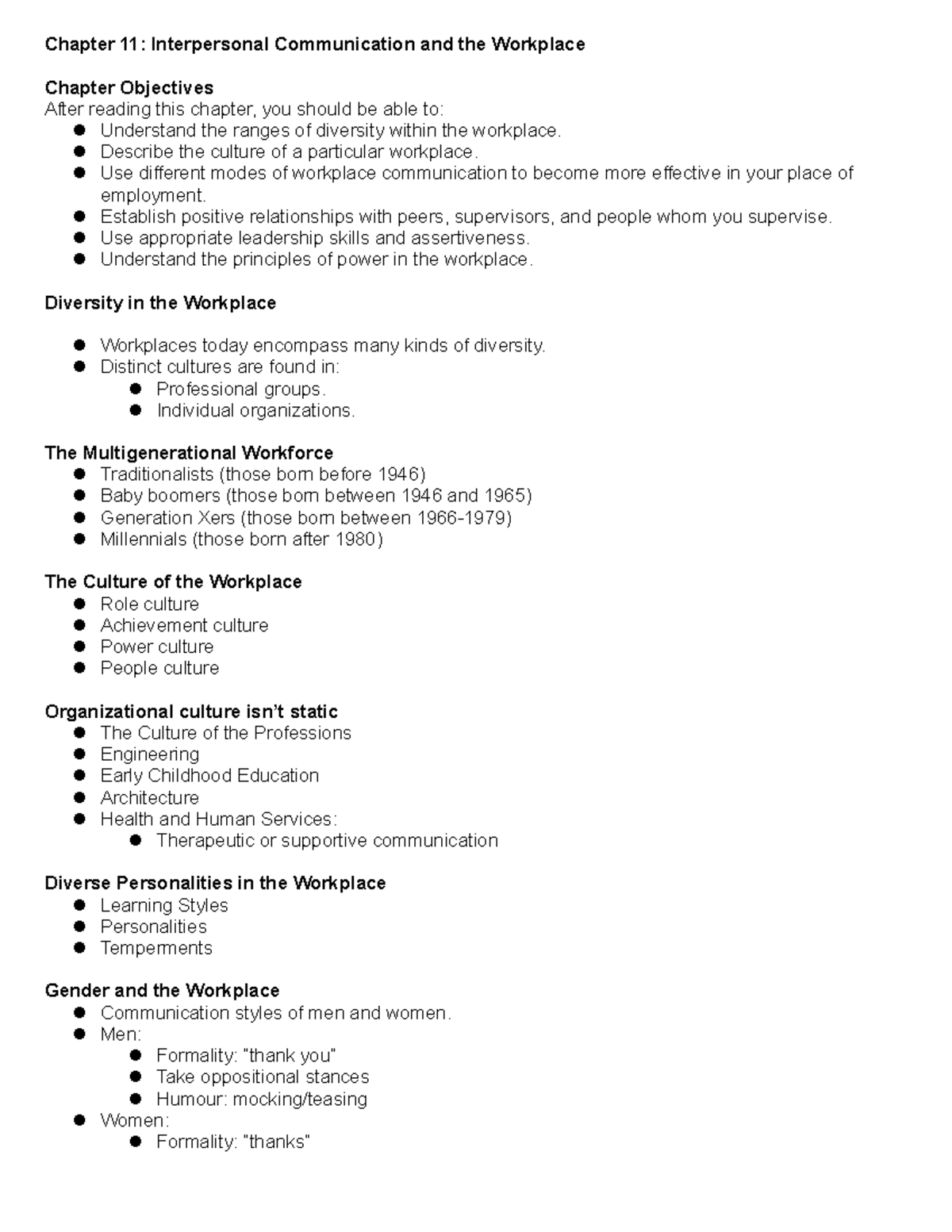 Summary Notes Chapter 11 Interpersonal Communication and the Workplace ...