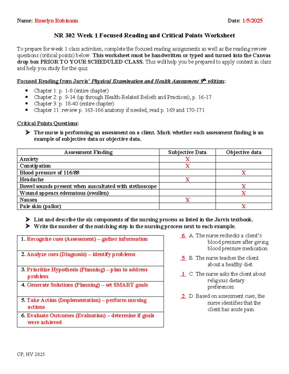 NR 302 Week 1 Focused Reading & Critical Points Worksheet - Studocu