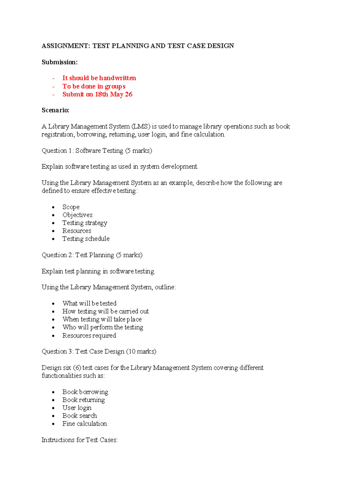 ASSIGNMENT: TEST PLANNING & CASE DESIGN for LMS - Studocu