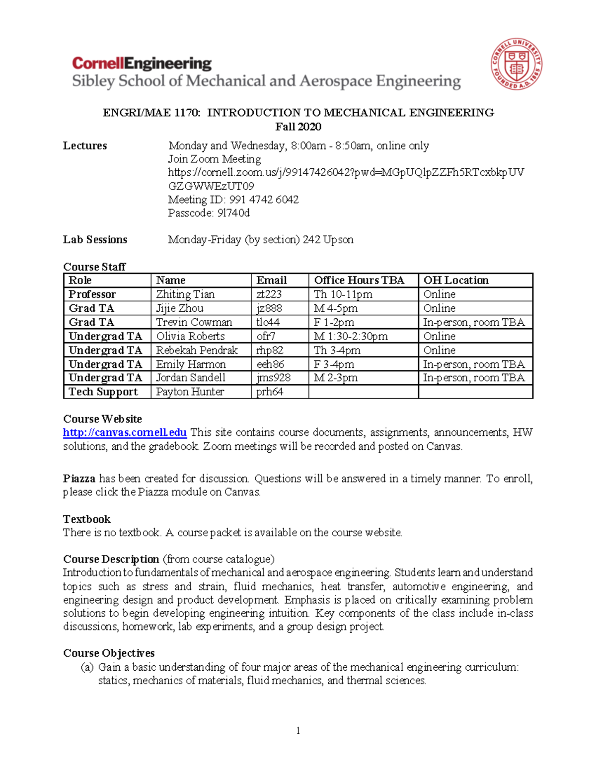 Syllabus FA20 ENGRI/MAE 1170: Intro to Mechanical Engineering - Studocu