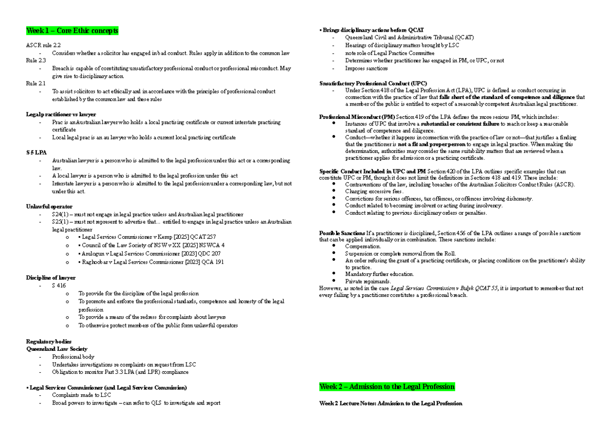 Week 1 & 2 Lecture Notes: Core Ethical Concepts & Admission to Legal ...