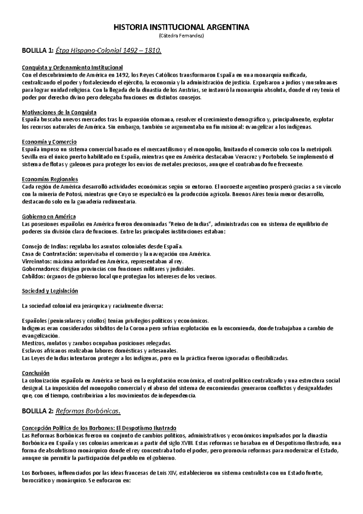 HISTORIA INSTITUCIONAL ARGENTINA (Cátedra Fernández) - Resumen Completo - Studocu
