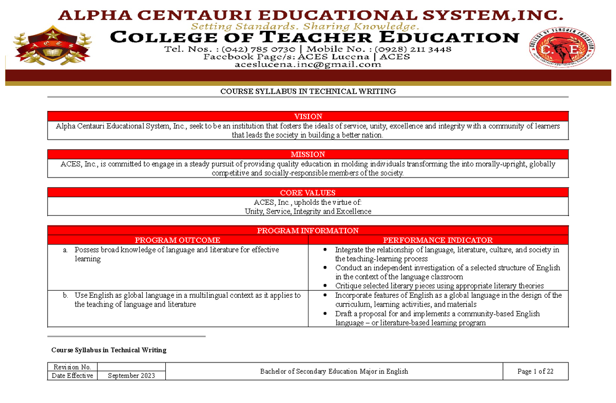 Course Syllabus: ELL118 Technical Writing for BSEd English - Studocu