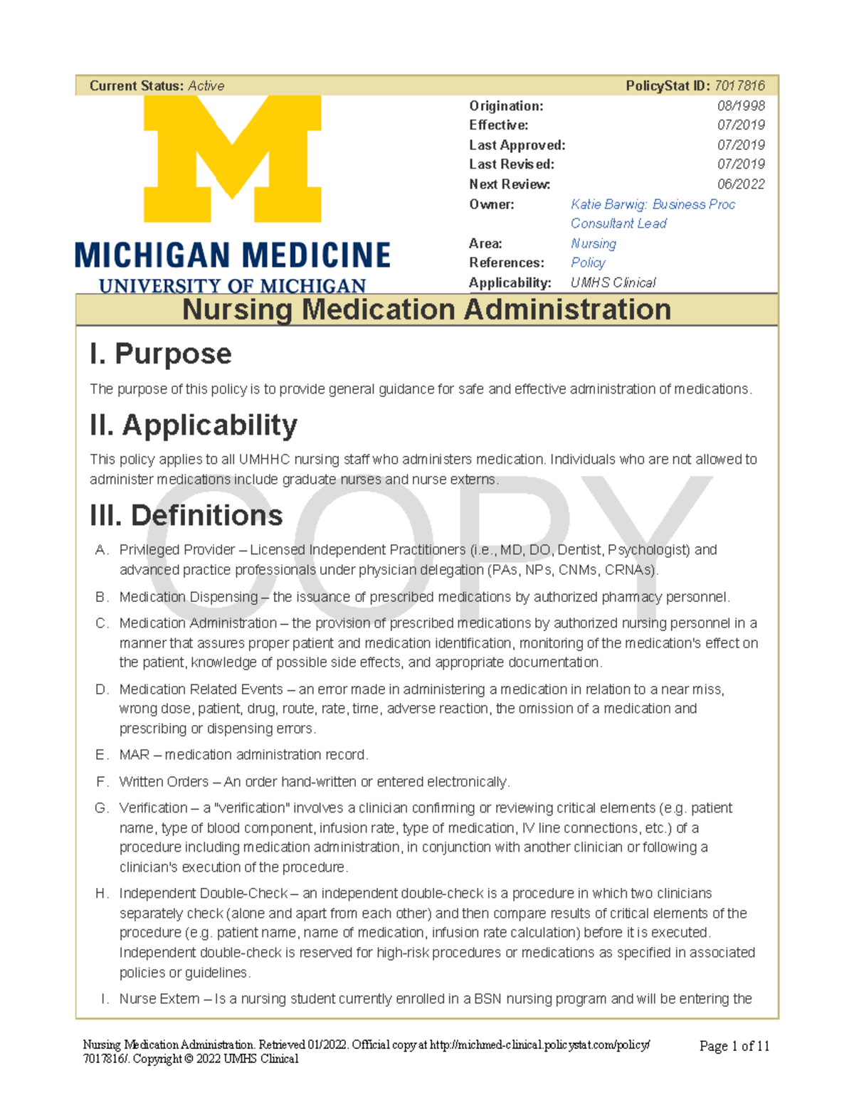 Nursing Medication Administration Policy: UMHS Guidelines and ...