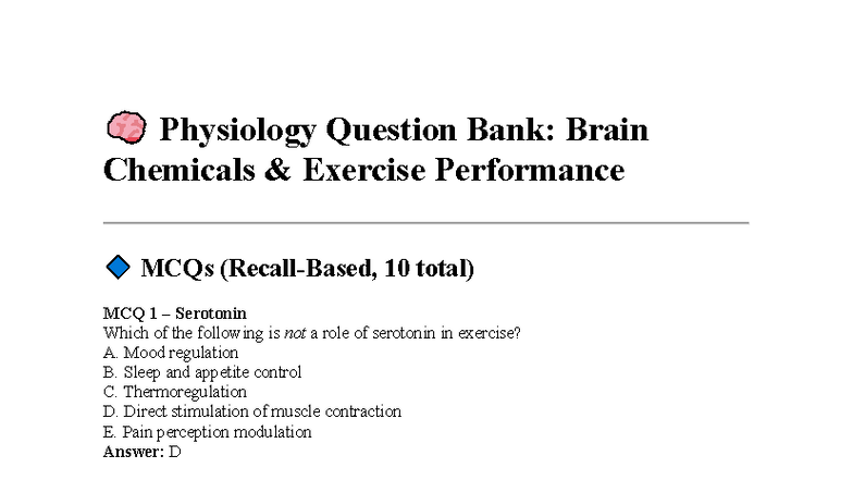 Physiology Question Bank: Brain Chemicals & Exercise Performance MCQs ...
