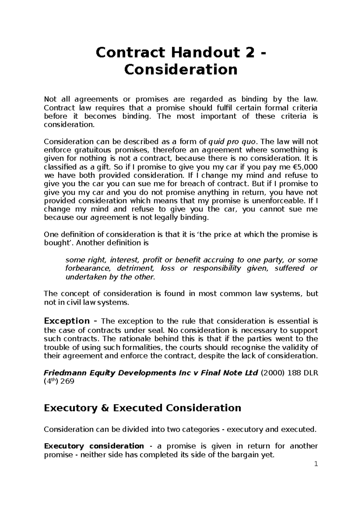 Contract Law Handout 2: Understanding Consideration in Agreements - Studocu