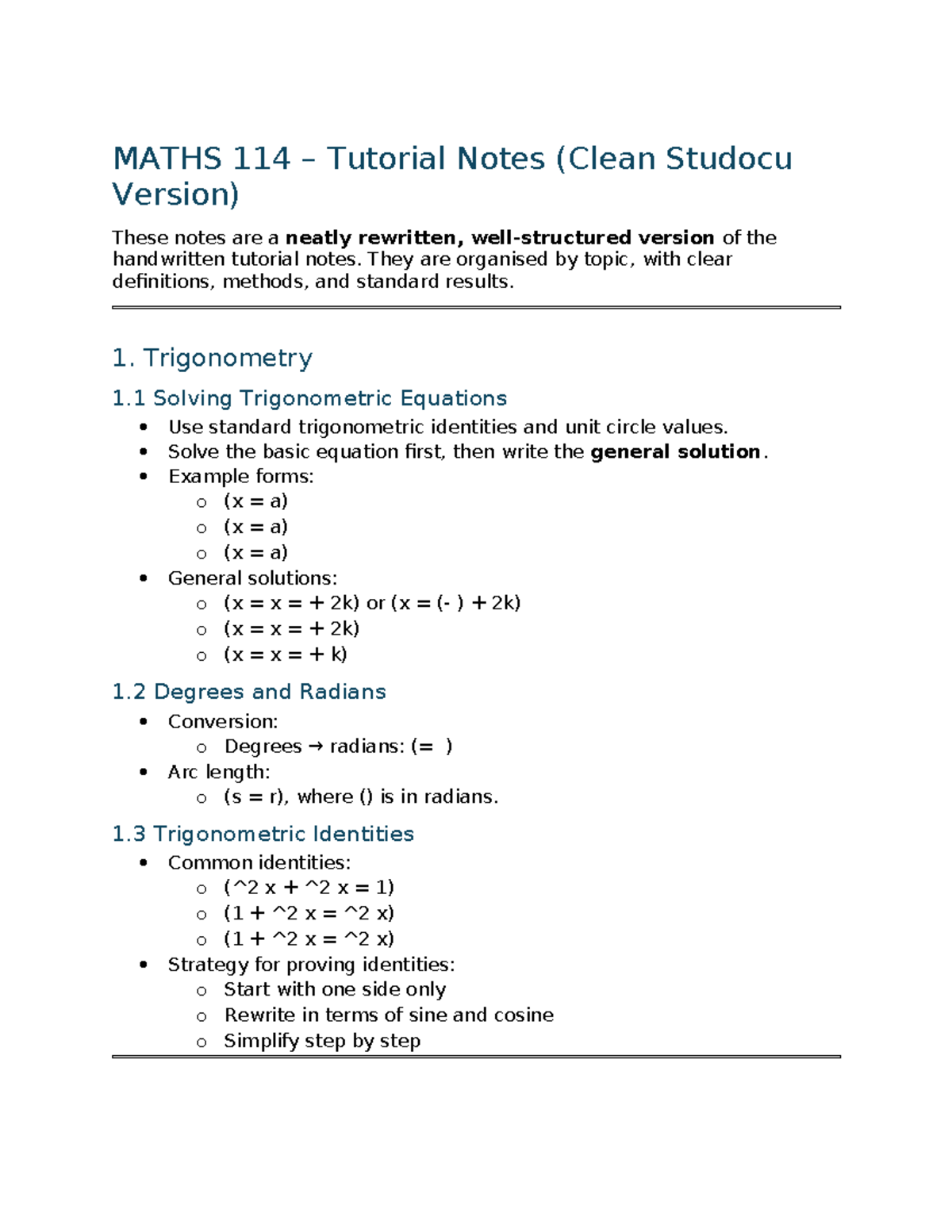 MATHS 114 Neatly Rewritten Tutorial Notes for Key Topics - Studocu