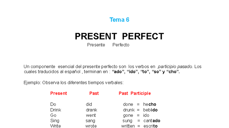 Inglés 2 - Tema 6: Presente Perfecto y Ejercicios - Studocu