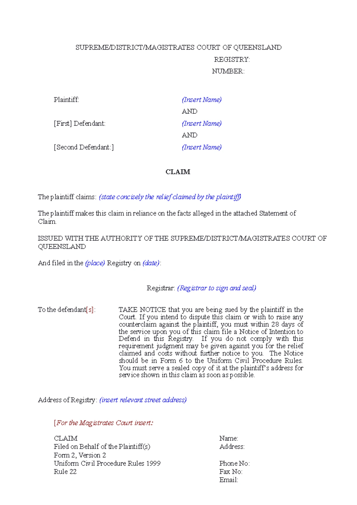 UCPR Form 17: Defence of the First Defendant in Queensland Court - Studocu