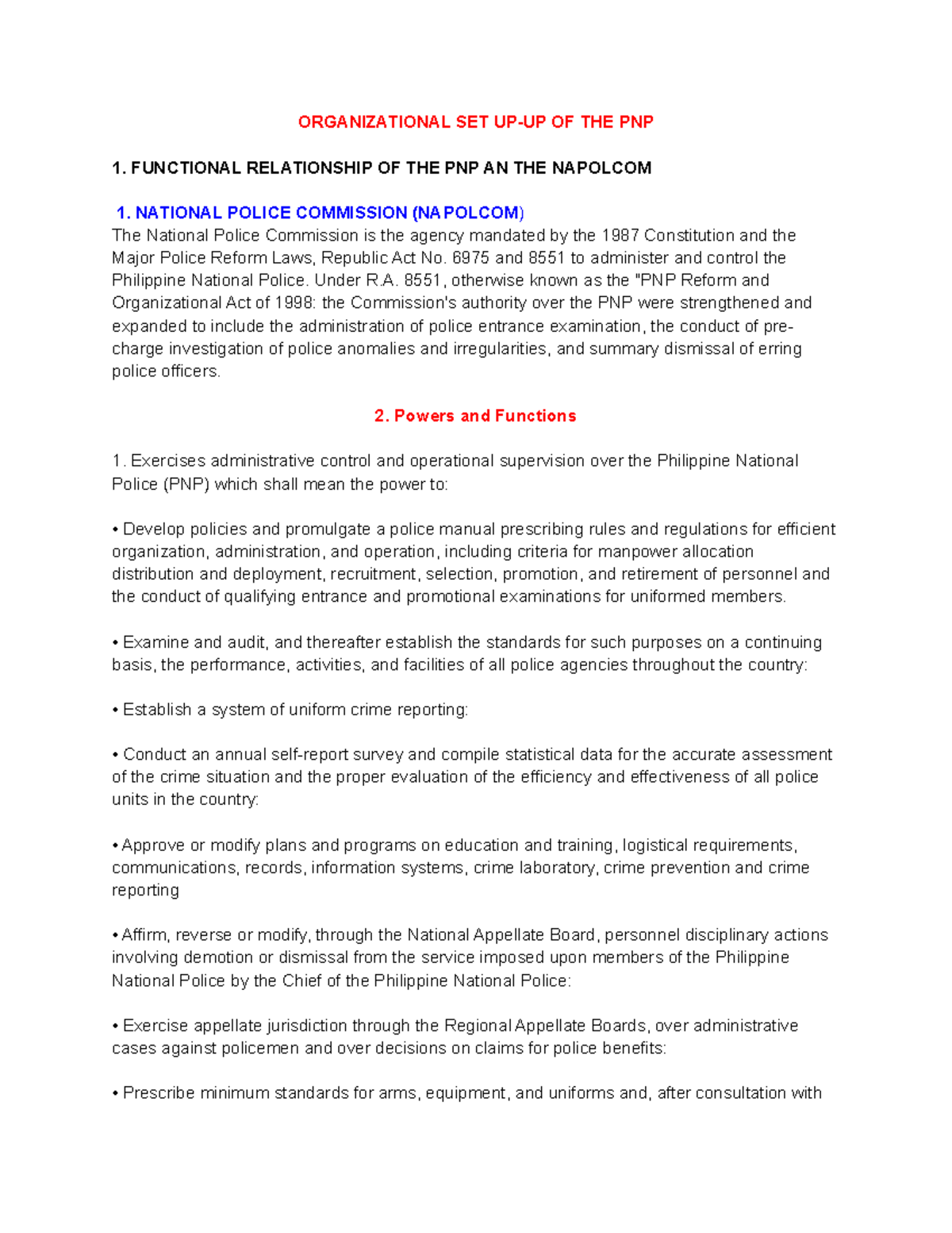 Organizational Structure and Functions of the PNP and NAPOLCOM - Studocu