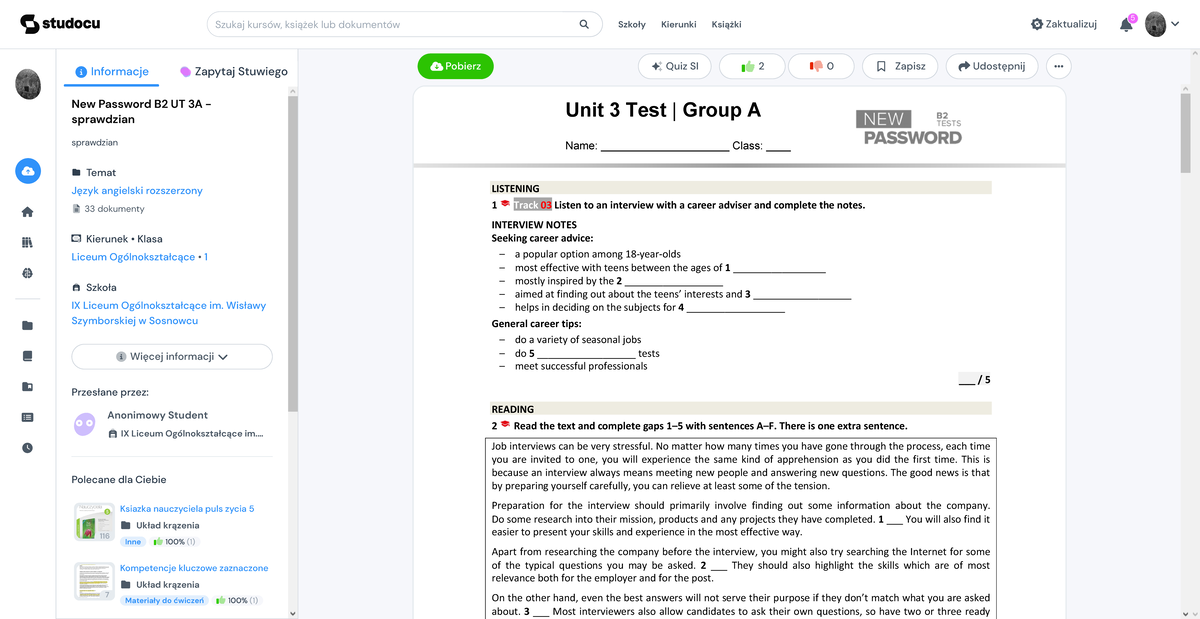 New Password B2 UT 3A - sprawdzian - Unit 3 Test Group A Name Class ...
