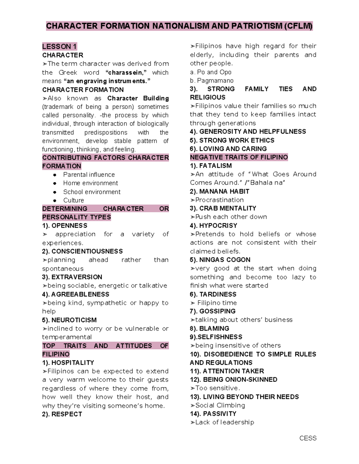 Prelim- Lesson -CFLM-1 - LESSON 1 CHARACTER The term character was ...